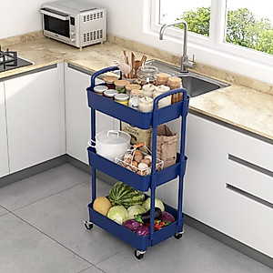Sywhitta 3-Tier Plastic Rolling Utility Cart with Handle, Multi-Functional Storage Trolley for Office, Living Room, Kitchen, Movable Storage Organizer with Wheels, Blue