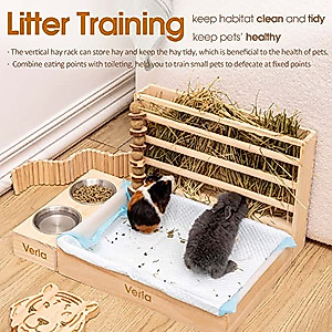 Rabbit Hay Feeder with Litter Box and Bowls, 3 in 1 Wooden Feeder Toilet Combo Feeding Manger for Small Pets Guinea Pig Bunny Hamster, Hay Rack Litter Pan Bowls Stand Plastic Box 2 Bowls, Kiln-Dried