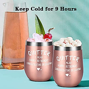 GINGPROUS Retirement Gifts For Women, Quitter I Mean Happy Retirement, Retirement Gifts for Coworker Colleague Office BFF, 12oz Insulated Stainless Steel Wine Tumbler with Lid and Straw, Rose Gold