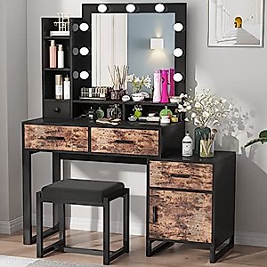 PAKASEPT Makeup Desk with Mirror and Lights, Desk and Chair, Vanity Table Set with Cushioned Stool, Shelves & Drawers, Storage Cabinet for Bedroom, Brown