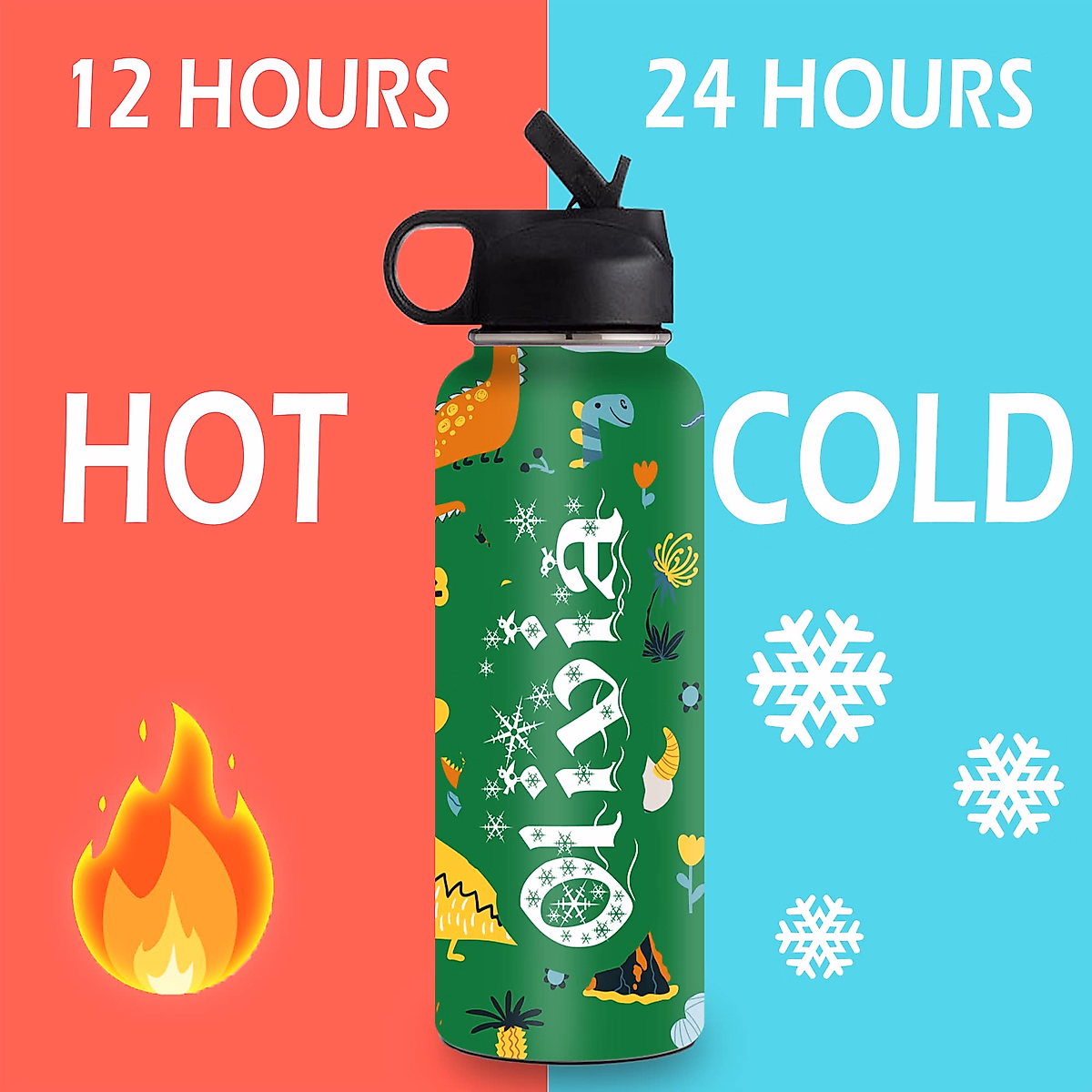 FunStudio Personalized Dinosaur Water Bottles for Boys, 18 oz Custom Name Insulated Dino Water Bottle With Straw, Stainless Steel Reusable Waterbottle Gifts for Kids School Girls Men Women - Dinosaur