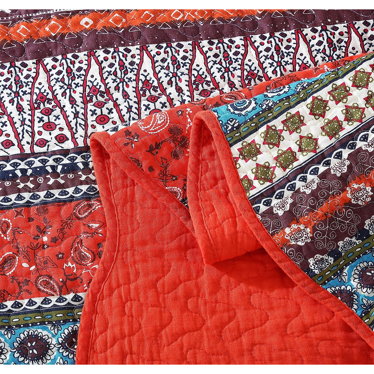 Chezmoi Collection Odette 2-Piece Boho Chic Rust Orange Brown and Red Pre-Washed 100% Cotton Bohemian Bedspread Quilt Set, Twin Size