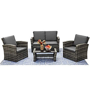 LayinSun 4 Piece Outdoor Patio Furniture Sets, Wicker Conversation Sets, Rattan Sofa Chair with Cushion for Backyard Lawn Garden (Grey)