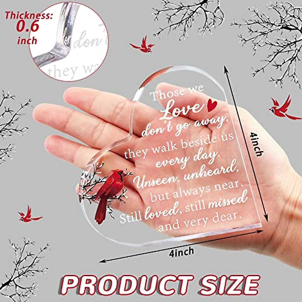 Memorial Gifts for Loss of Father Mother Sympathy Gifts Red Cardinal Memorial Bereavement Acrylic Heart Condolence Gifts in Memory of Loss of Loved One for Table Centerpieces Remembrance (4 x 4 Inch)