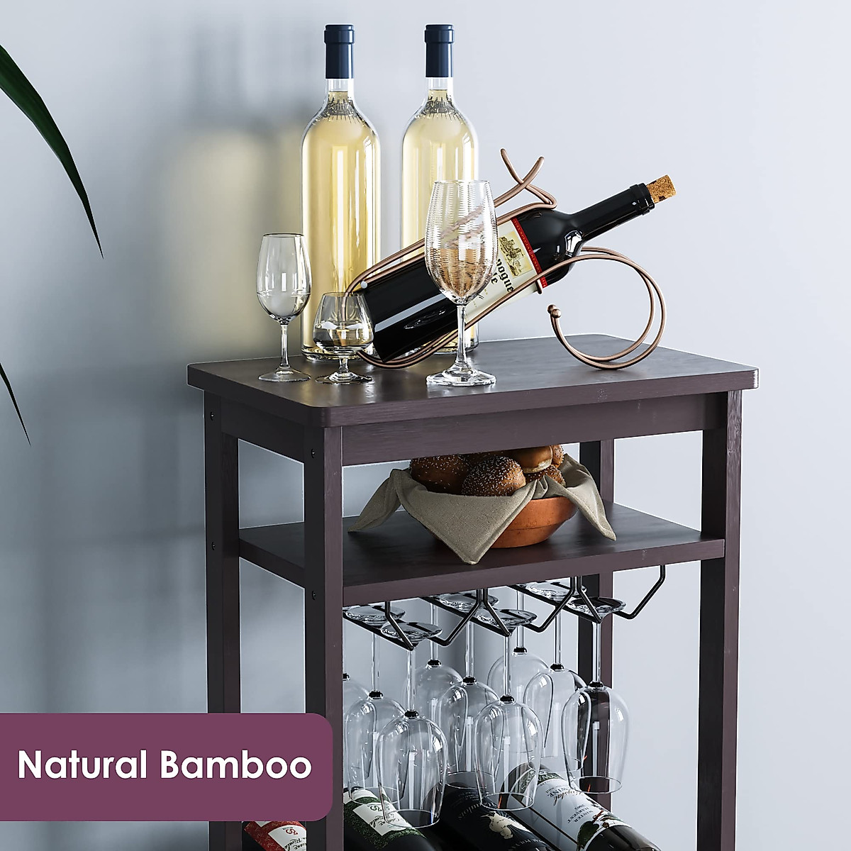 FOTOSOK Bamboo Floor Wine Rack, Freestanding Wine Bottle Organizer Shelves with Glass Holder Rack,16 Bottles, Wobble-Free Wine Display Storage Stand with Table Top for Kitchen Dining Room, Espresso
