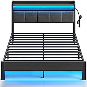 Rolanstar Bed Frame Queen Size with Charging Station and LED Lights, Upholstered Headboard with Storage Shelves, Heavy Duty Metal Slats, No Box Spring Needed, Noise Free, Easy Assembly, Dark Grey