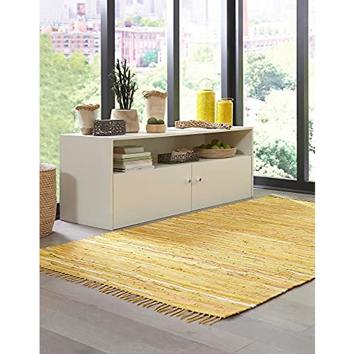 Rugs.com Chindi Cotton Collection Rug – 8' x 10' Yellow Flatweave Rug Perfect for Living Rooms, Large Dining Rooms, Open Floorplans