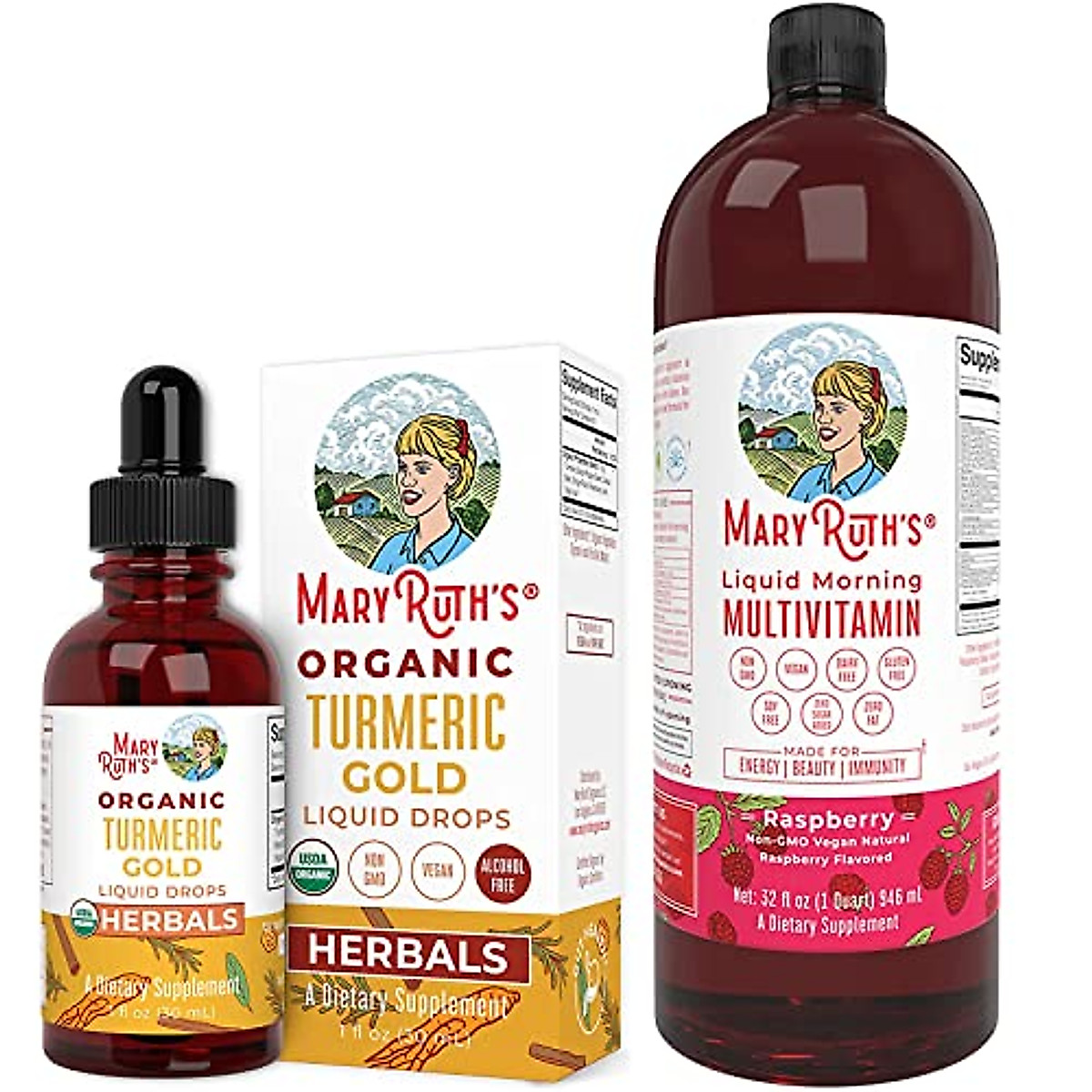 Turmeric Gold Drops & Morning Multivitamin (Raspberry) Bundle | USDA Organic Herbal Liquid for Immune & Digestive Support | Liquid Vitamins for Immune Support & Overall Wellness