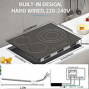 Noxton 24 Inch Electric Cooktop 3 Burners Electric Stove Top, Built-in 24" Radiant Electric Ceramic Cooktop with Expandable Burners, Multifunctional, 220-240v,5700W,No Plug, Hard Wire
