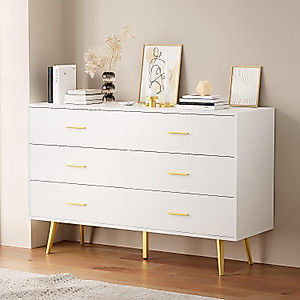 RESOM White Dresser for Bedroom, 6 Drawer Wooden Double Dresser with Gold Handles, Modern Chest of Storage Dresser with Deep Drawers for Living Room, Hallway