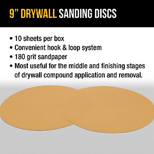 Dura-Gold Premium 9" Drywall Sanding Discs - 180 Grit (Box of 10) - High-Performance Sandpaper Discs with Hook & Loop Backing, Fast Cutting Aluminum Oxide Abrasive - for Drywall Power Sander, Wood