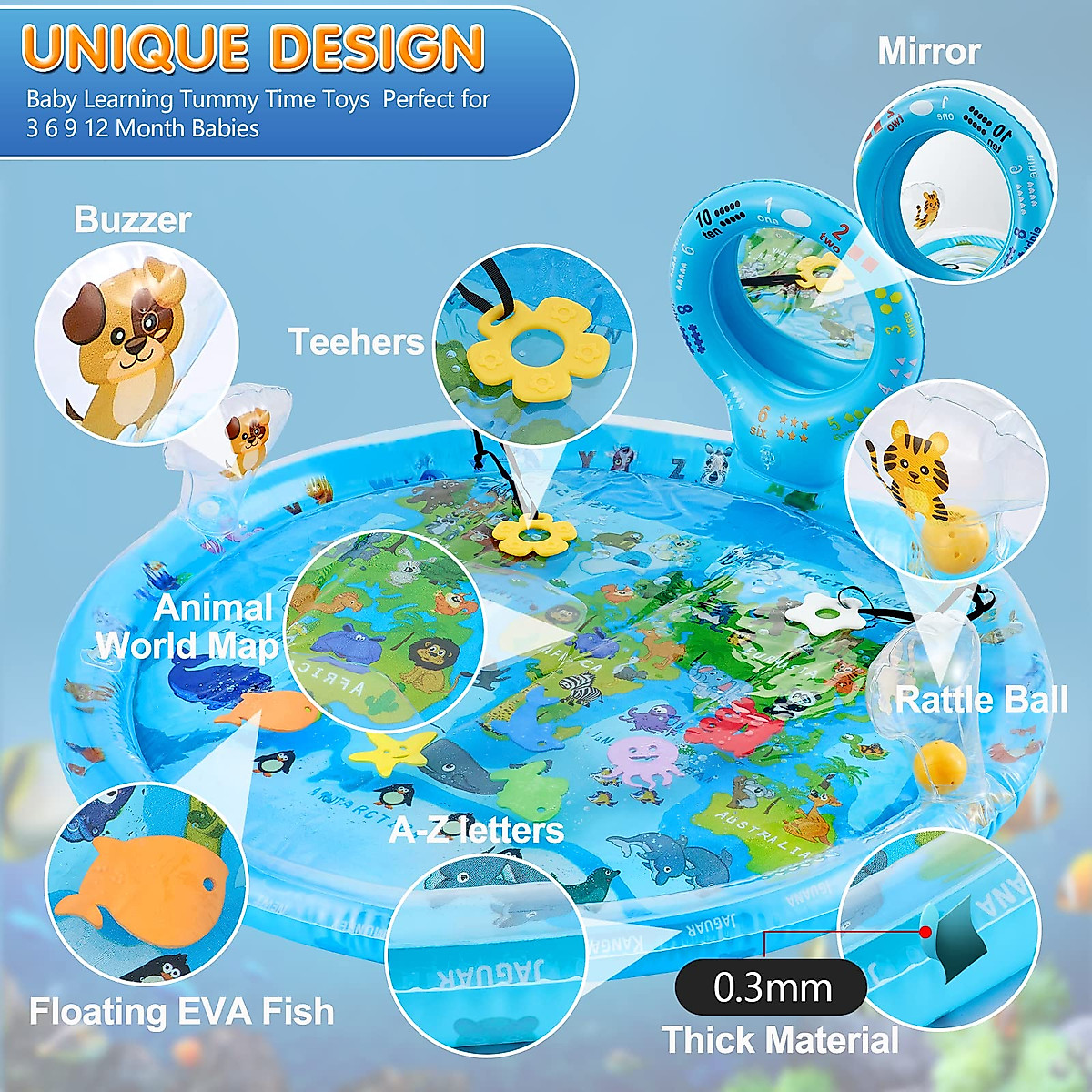 flashbluer 4-in-1 Tummy Time Water Mat with Baby Mirror & Baby Teethers and Rattles, Large Baby Water Play Mat Infant Newborn Baby Toys, Suitable for 3 6 9 12 Month Baby Girl or Boy Development