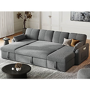 YITAHOME 105" Oversized Sleeper Sofa, 2 in 1 Convertible Sofa Bed with Pull Out Couch Bed and Dual Storage Chaise, U-Shape Sectional Sofa for Living Room, Teddy Fleece, Grey