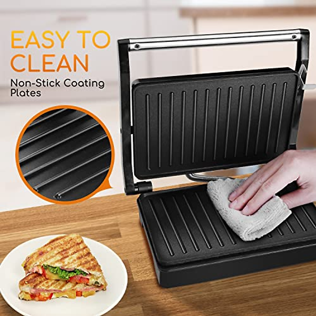 Panini Press Grill, Aigostar 1000W Sandwich Maker with Non-Stick Double Flat Cooking Plate, Indicator Light, Locking Lid, Cool Touch Handle, Panini Maker Electric Indoor Grill Easy to Storage & Clean