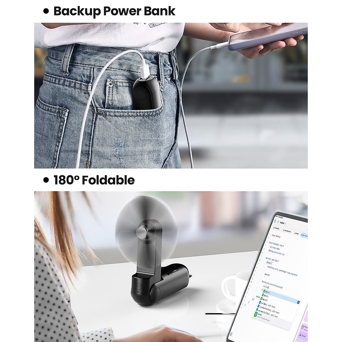 Gaiatop Portable Handheld Fan, Mini Rechargeable Folding Fans with Power Bank USB Battery Operated, Small Pocket Design for Eyelash Girls Women Travel Outdoor Black