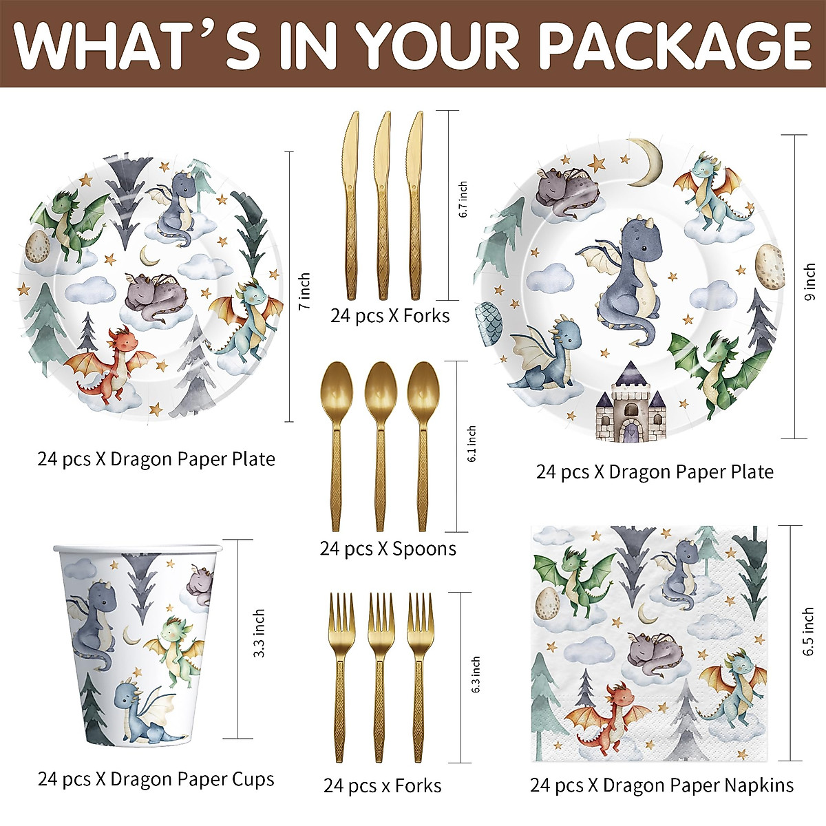 Suhelkit Dragon Birthday Party Supplies - Dragons Party Decorations Tableware, Paper Plate, Napkin, Cup, Cutlery, Magical Dragon Birthday Decorations, Dragon Baby Shower Table Decorations | 24 Guests