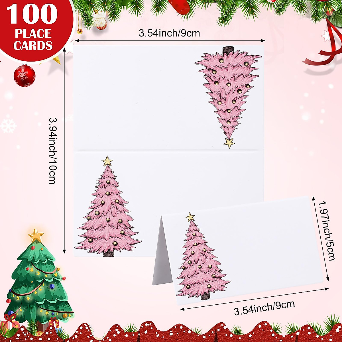 Fumete 100 Pcs Christmas Place Cards for Table Setting Pink Christmas Tree Name Place Cards Tented Folded Name Place Cards Holders for Dinner Brunch Table Decorations Xmas Holiday Party Supplies