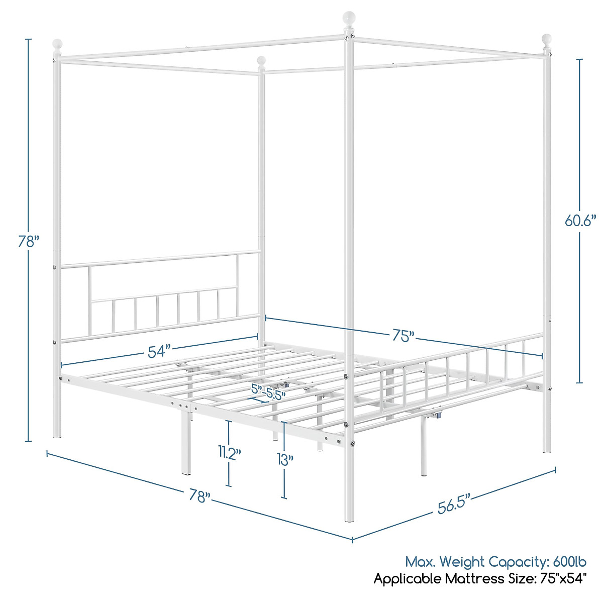 Yaheetech Metal Canopy Platform Bed Frame Four-Poster Canopied Bed Mattress Foundation with Headboard and Footboard Sturdy Slatted Structure No Box Spring Needed Easy Assembly Full White
