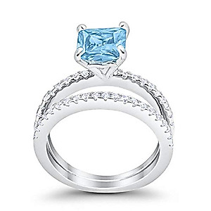 Blue Apple Co. Two Piece Wedding Engagement Ring Band Asscher Cut Simulated Aquamarine 925 Sterling Silver, Size-8