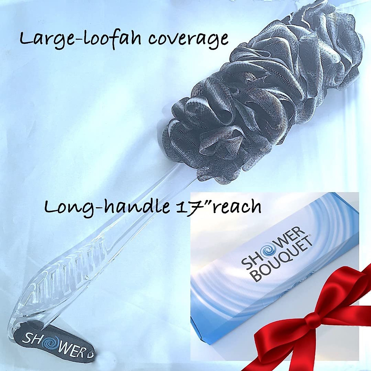 Loofah-Charcoal Back-Scrubbers 2-Pack-by-Shower-Bouquet: Long-Handle Bath-Sponge-Brushes with Extra Large Soft Mesh for Men & Women - Exfoliate with Full Pure Cleanse in Bathing Accessories