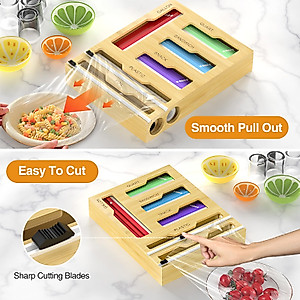 HOSTENU 6 in 1 Storage Bag Organizer for Kitchen Drawer, Bamboo Foil and Plastic Wrap Dispenser with Cutter, Food Baggie Organizer for Drawer, Plastic Bag Organizer for Gallon, Quart, Sandwich, Snack