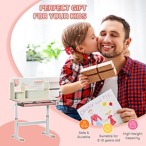 Qaba Wooden Kids Study Desk, Height Adjustable Children School Study Table, Student Writing Desk with Tilt Desktop, Drawer, Storage Shelf, Pen Holder, Pink
