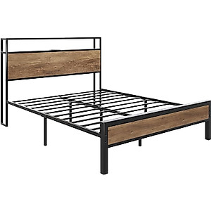 AMERLIFE Full Size Bed Frame Industrial Platform Bed with Charging Station, 2-Tier Storage Headboard/No Box Spring Needed/Noise-Free/Rustic Brown