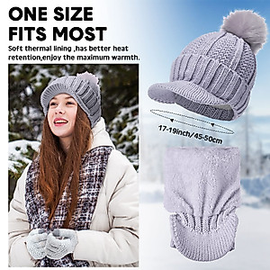 4 Sets Winter Hats and Gloves Set for Women Warm Knitted Beanie Hats with Brim Touchscreen Gloves Snow Ski Cap with Visor
