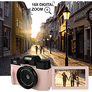 Acuvar 4K 48MP Digital Camera for Photography, Vlogging Camera for YouTube with 3’’ 180° Flip Screen, WiFi, 16X Zoom, Rechargeable Battery, 64GB Micro SD Card, 6 PC Card Holder, USB Card Reader (Pink)