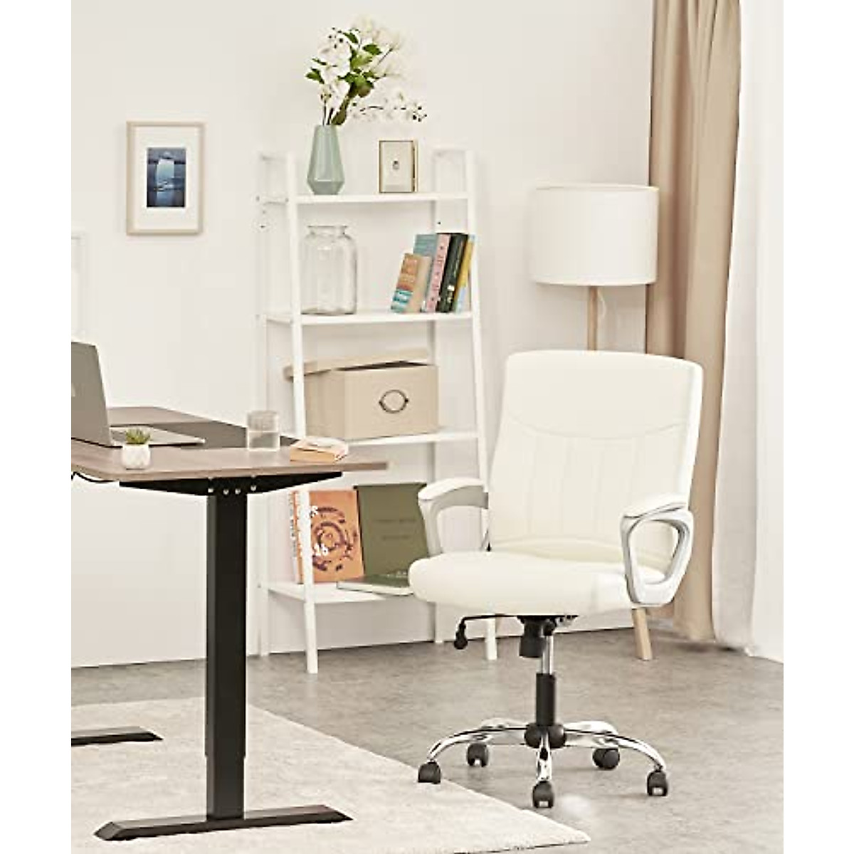 CLATINA Leather Office Executive Chair, Mid Back Computer Desk Chair with Lumbar Support and Padded Armrests, Ergonomic Adjustable Swivel Chair for Home, White