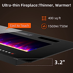 BREEZEHEAT 60 inch Electric Fireplace Wall Mounted/Freestanding-Ultra Thin Fireplace Inserts for Living Room with Heater, Remote Control, Touch Screen, Led Flame, 8H Timer, 750w/1500w