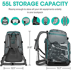 SEMSTY Ski Boot Bag, 55L Waterproof Ski and Snowboard Boots Travel Backpack for Skis, Snowboard, Ski Helmet, Goggles, Gloves & Accessories (Grey)