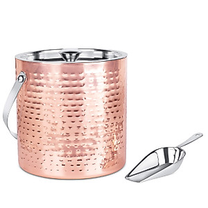 BirdRock Home Ice Bucket with Scoop & Lid - 2.8 Liter Hammered 18/8 Stainless Steel Container for Bar - Double Wall Insulated Bucket with Carrying Handle - Great for Parties - (Copper)