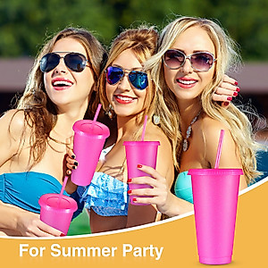 Amyhill 12 Pcs Reusable Cups with Lids and Straws 24 oz Plastic Tumbler Iced Coffee Cup Travel Mug for Smoothie Juices Birthdays Sleepover Party Supplies for Girls(Hot Pink, Shiny Color, 12 Pcs)