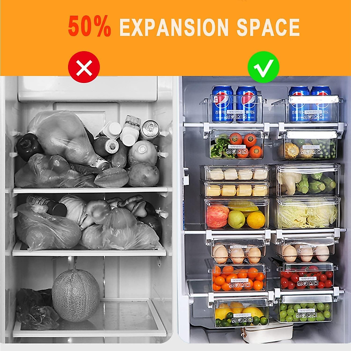 SDFNBRA Refrigerator Organizer Bins, Fridge Drawer Organizer, Clear Plastic Container Drawer for Fridge, Home Essentials Organization and Storage Box for Kitchen Cabinet Pantry