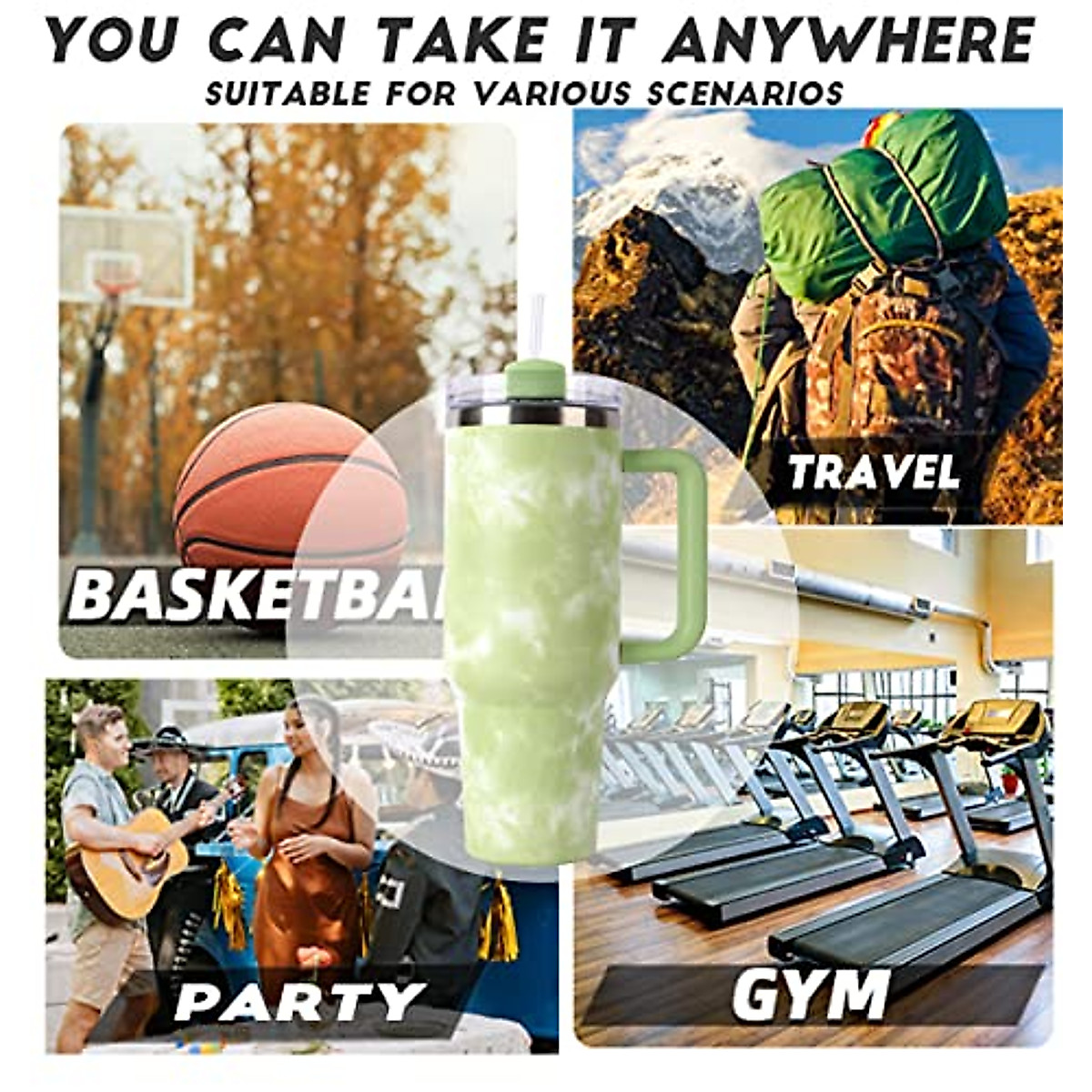 40 oz Tumbler with Handle, 2.0 Reusable Vacuum Tumbler, Insulated Tumbler With Lid and Straws, Insulated Cup, Maintains Cold Heat and Ice for Hours (Tie Dye Green)