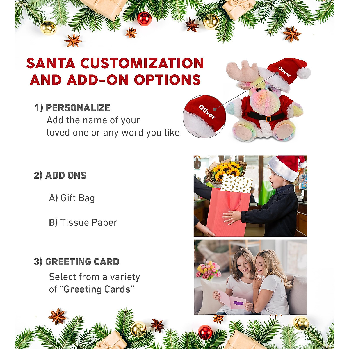 DolliBu Santa Rainbow Moose Stuffed Animal Plush Toy - Super Soft Dress Up with Red Santa Claus Outfit, Cute Moose Gift Perfect Holiday with Name Personalization - 9 Inches