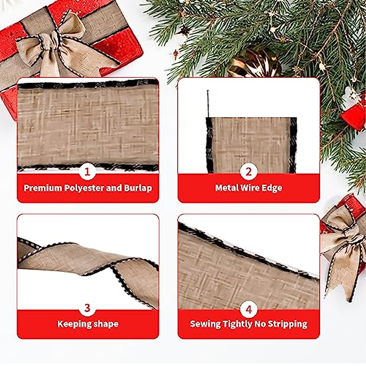 MuRealy Wired Edge Ribbon, Natural and Black Edged 10 Yards 2.5 Inch, Polyester Wired Ribbon, Decorative Ribbons for Christmas Parties, Wedding, Gifts Wrapping, Floral Wreath, and Bow