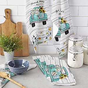 Zadaling Blue Truck Sunflower Daisy Vintage Wood Grain Kitchen Towels, 18x28 Inches Soft Dish Cloth,Cotton Tea Towels/Bar Towels/Hand Towels for Bathroom(2 Pack)