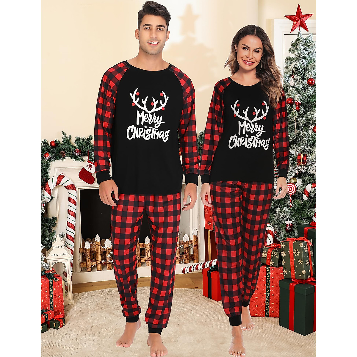 SWOMOG Christmas Matching Couple Pajamas Sets Family Xmas Jammies Casual Long-Sleeve Sleepwear Sets Festival PJ Set Women and Men Merry Chrismas Large