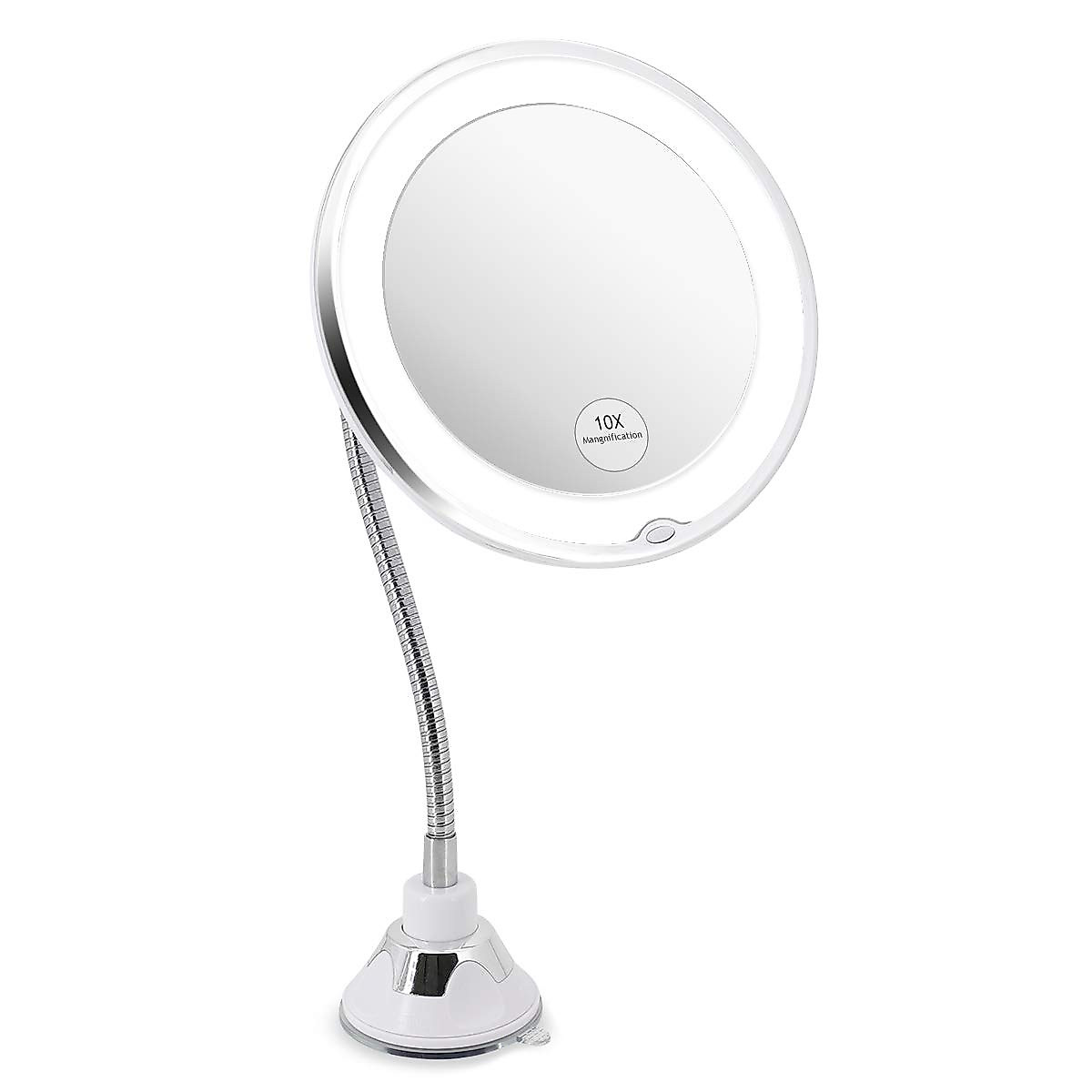 Glam hobby Led 10X Magnifying Makeup Mirror Lighted Vanity Bathroom Round Mirror with 360 Degree Swivel Rotation, Flexible Gooseneck, and Locking Suction