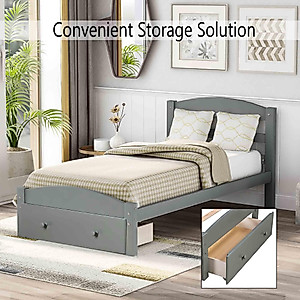 Platform Twin Bed Frame with Storage Drawers, Wood Platform Bed Frame with Headboard for Kids/Teens/Adults, Camas Mattress Foundation/Wood Slats Support/No Box Spring Needed/Easy Assemble (Gray)