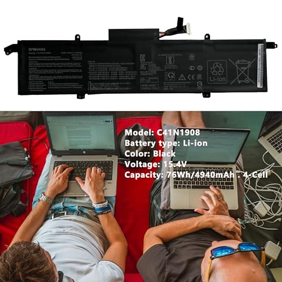 C41N1908 Laptop Battery Replace for Asus ROG Zephyrus G14 GA401IU GA401IH GA401IV GA401IHR GA401 GA401II GA401QC GA401QH GA401QM GA401QE Series 0B200-03610000 0B200-03610100 C41PQ05 4ICP4/59/134