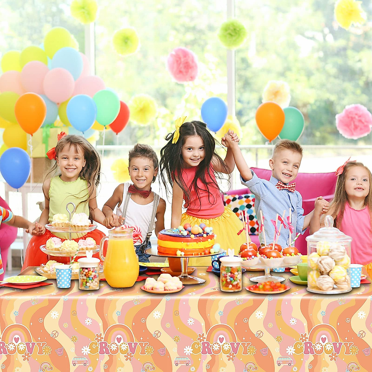 Tiamon 3 Pieces Rainbow Plastic Groovy Tablecloths Retro Hippie Table Covers for Rectangle Table, Disposable Daisy Flower Rainbow Party Decorations for 60s 70s Boho Themed Birthday Carnival Party