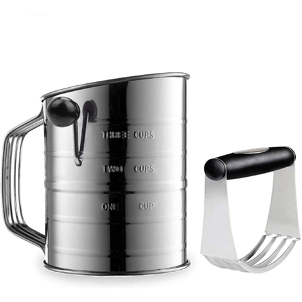 Flour Sifter 3 Cup Stainless Steel Rotary Hand Crank Sifter with 16 Fine Mesh Screen and 4 Wire Agitator Rotary Hand Crank Baking Sifter Professional Flour Sieve (3 Cup with Dough Blender)