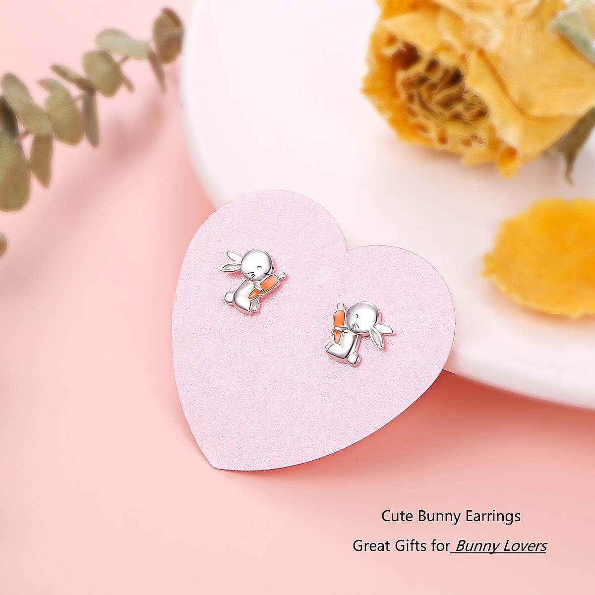 Easter Gifts Bunny Stud Earrings for Women Lady 925 Sterling Silver Rabbit with Carrot Earrings Cute Animal Jewelry (Bunny & Carrot Earrings)