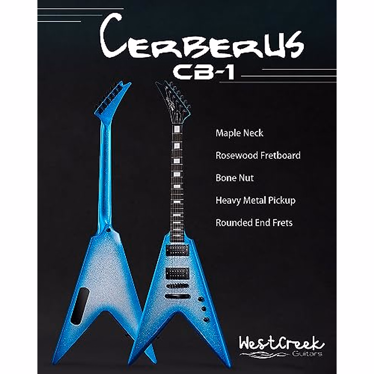WestCreek CERBERUS Solid Body Electric Guitar, V Heavy Metal Guitar, Right Handed, Rounded End Frets, Bone Nut, Rosewood Fretboard, Mahogany Body