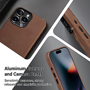 Belemay Compatible with iPhone 15 Pro Max Leather Case Magsafe-Top Grain Vintage Crazy Horse Leather-Metal Buttons Camera Bezel-Slim Fit-Precision Crafted Premium Phone Cover (6.7-inch)-Retro Brown