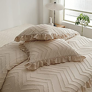 BAHALDEN Tufted Duvet Cover King Sets, Soft and Breathable Comforter Cover with Zipper Closure, Embroidery Boho Bedding with Ruffles, Cream Beige 104x90 inches and 2 Pillowcases