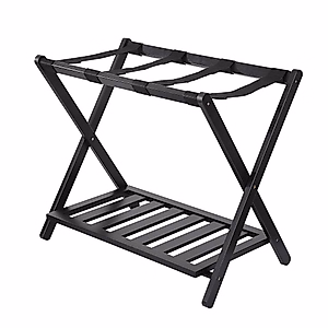FiveShops Luggage Rack with Shelf, Folding Bamboo Suitcase Luggage Stand, Double Tiers Luggage Holder with Shoe Shelf, Casual Organization Storage Chests for Bedroom, Guest Room, Hotel, Black